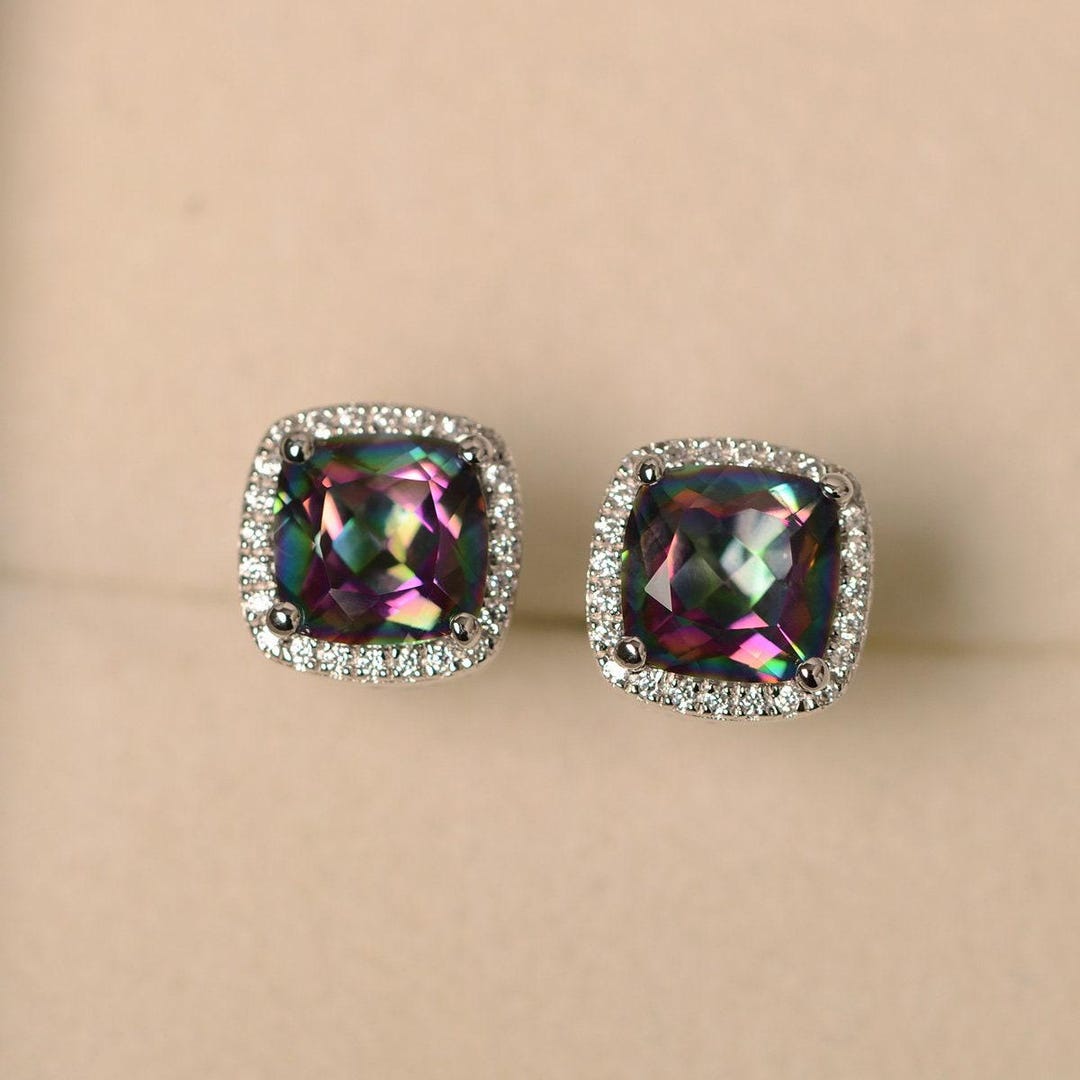 Mystic Topaz Earrings, Cushion Cut, Halo Earrings, Earrings Studs - Etsy