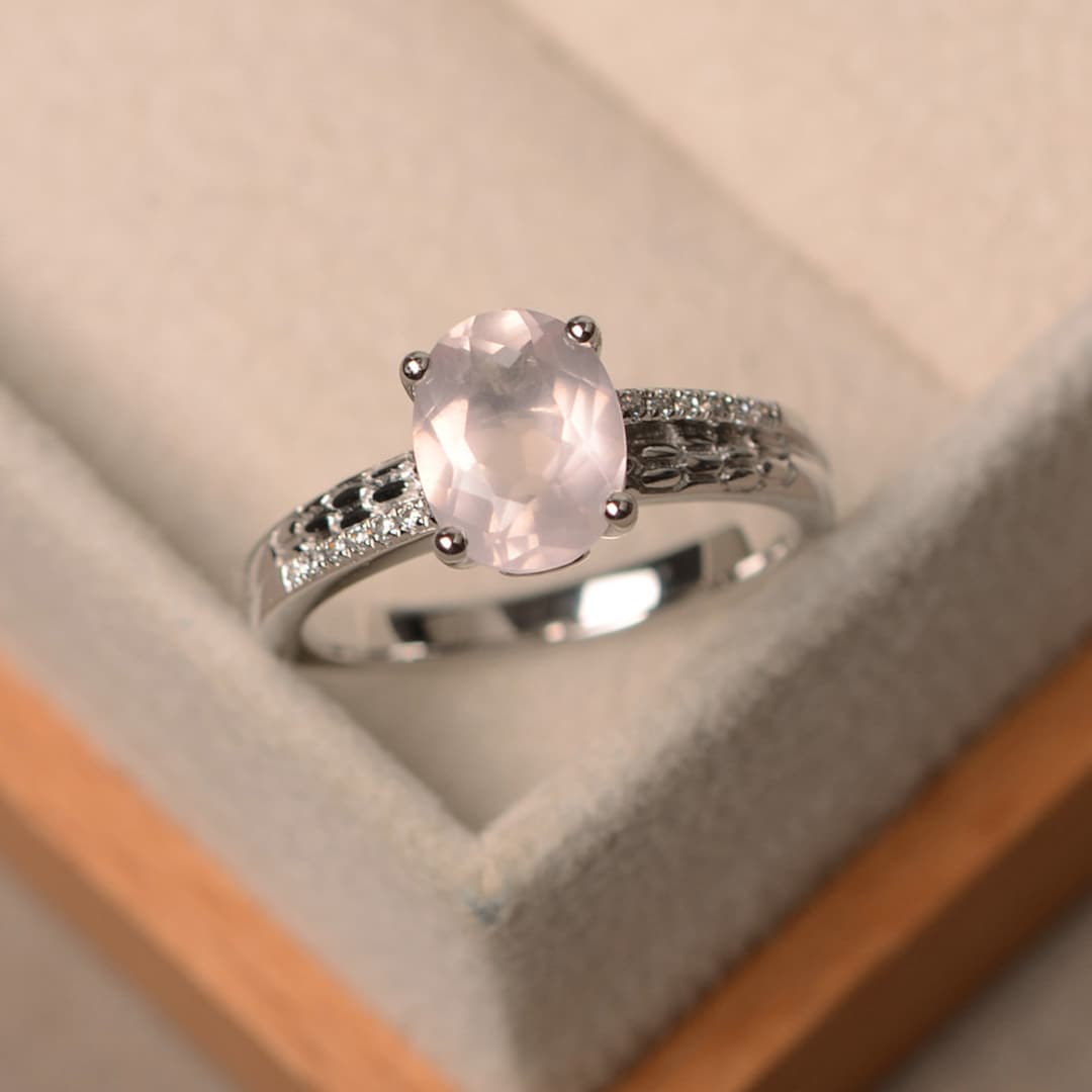 Real Natural Pink Quartz Ring, Oval Cut Ring, Sterling Silver Ring ...