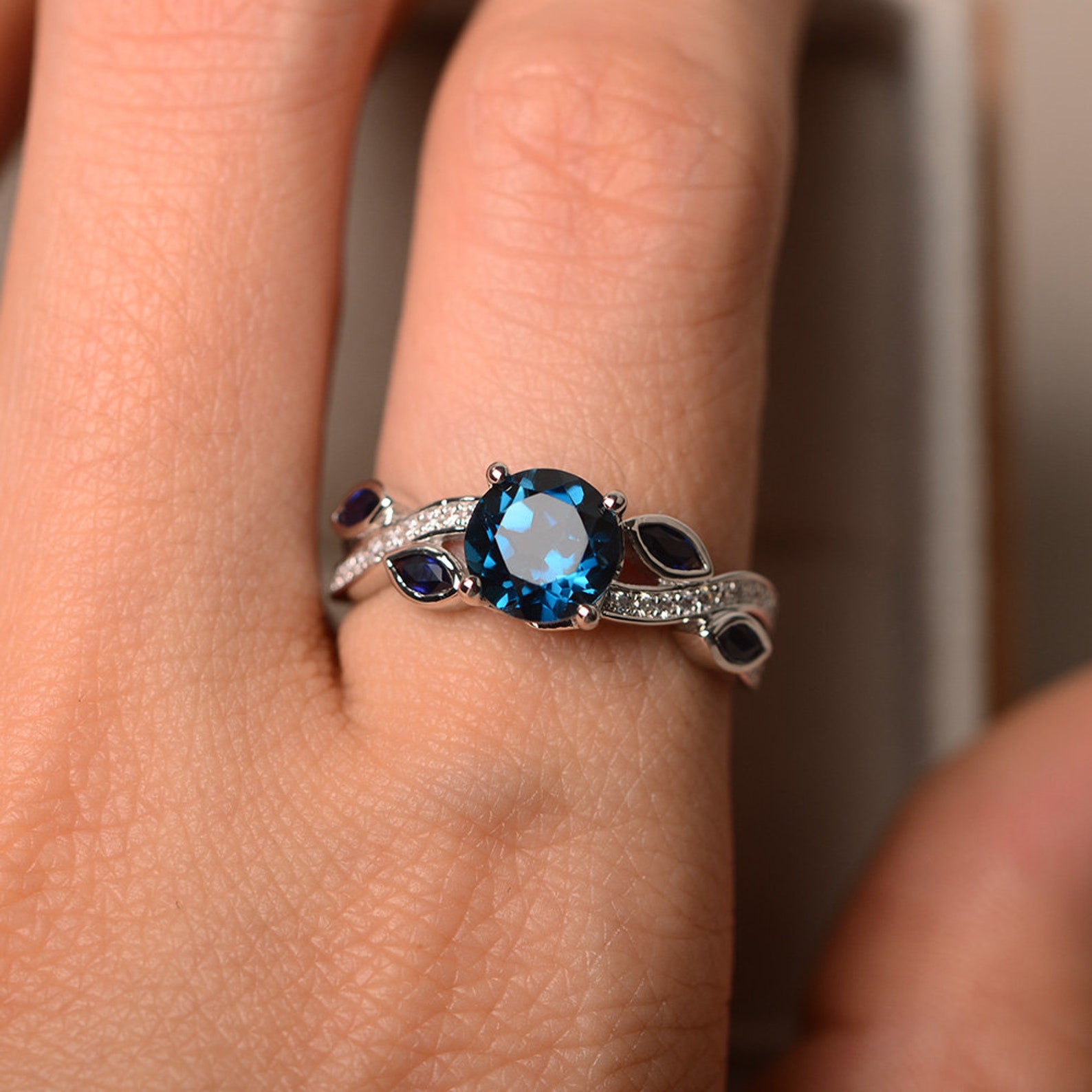 Genuine London Blue Topaz Ring Leaf Shaped Round Cut Twist - Etsy