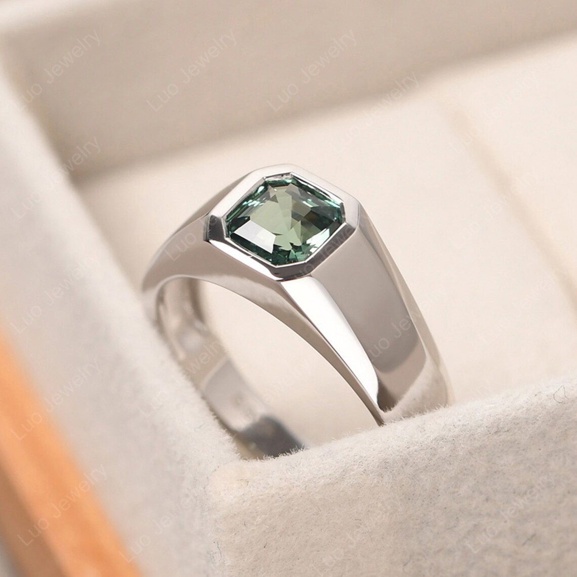 Bezel Setting Silver Ring for Men Asscher Cut Green Sapphire - Etsy