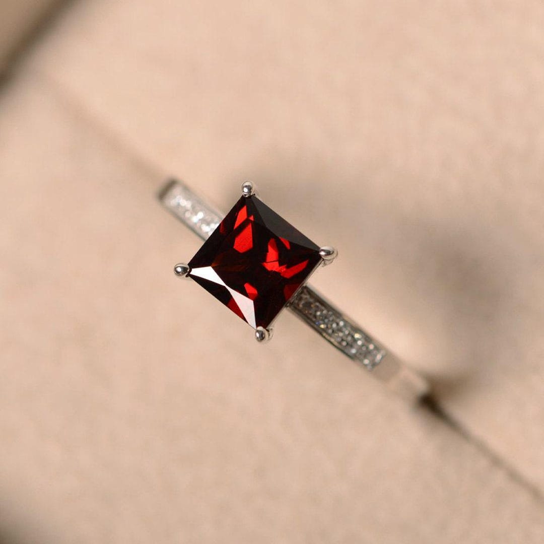 Natural Garnet Ring, Princess Cut Garnet, Garnet Wedding Ring, Sterling ...