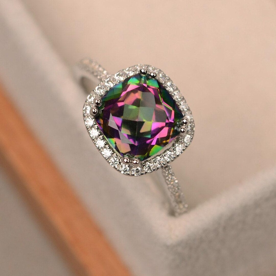Mystic Topaz Rings, Rainbow Mystic Topaz, Sterling Silver, Cushion Cut ...