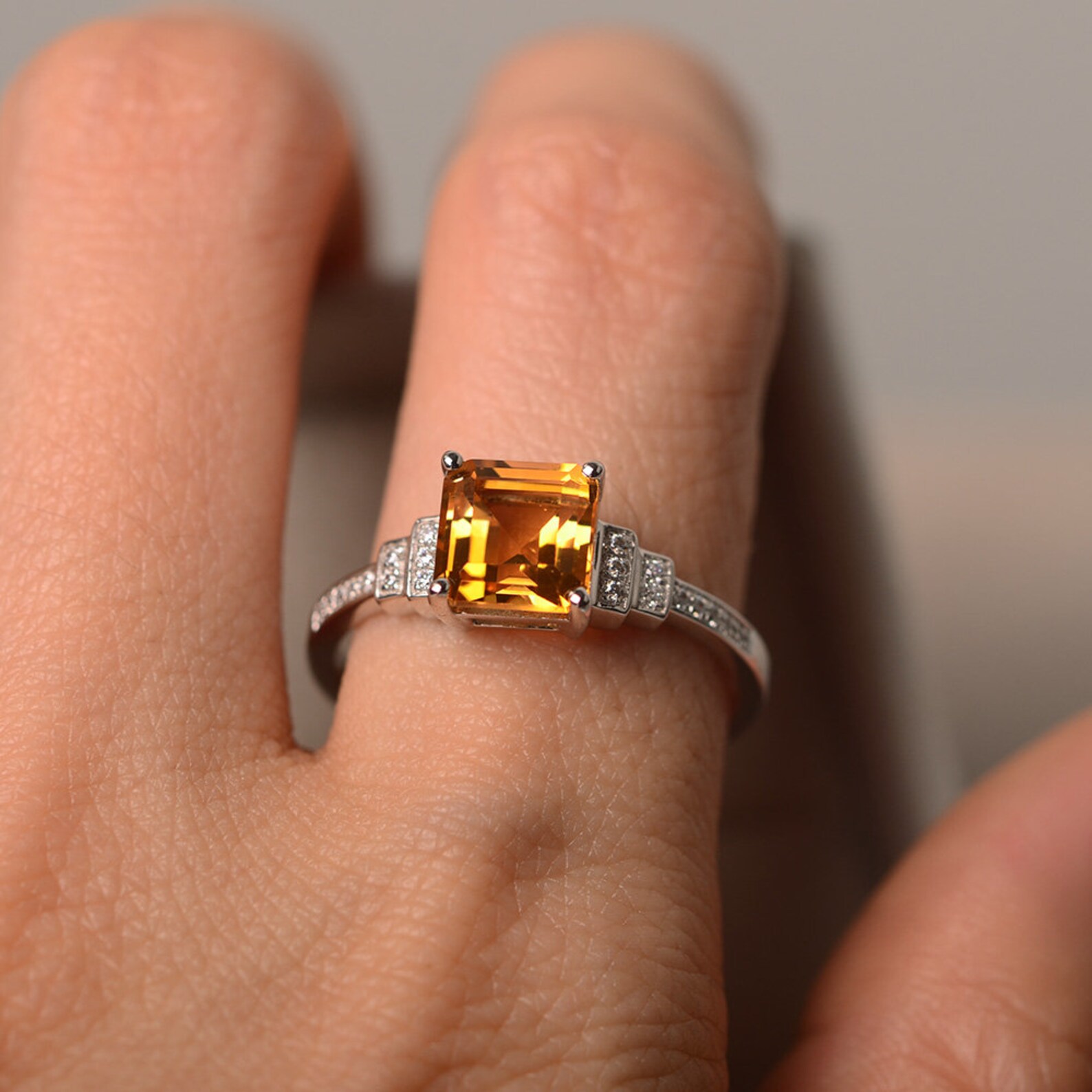 Citrine Ring Square Cut Crystal Ring Sterling Silver - Etsy