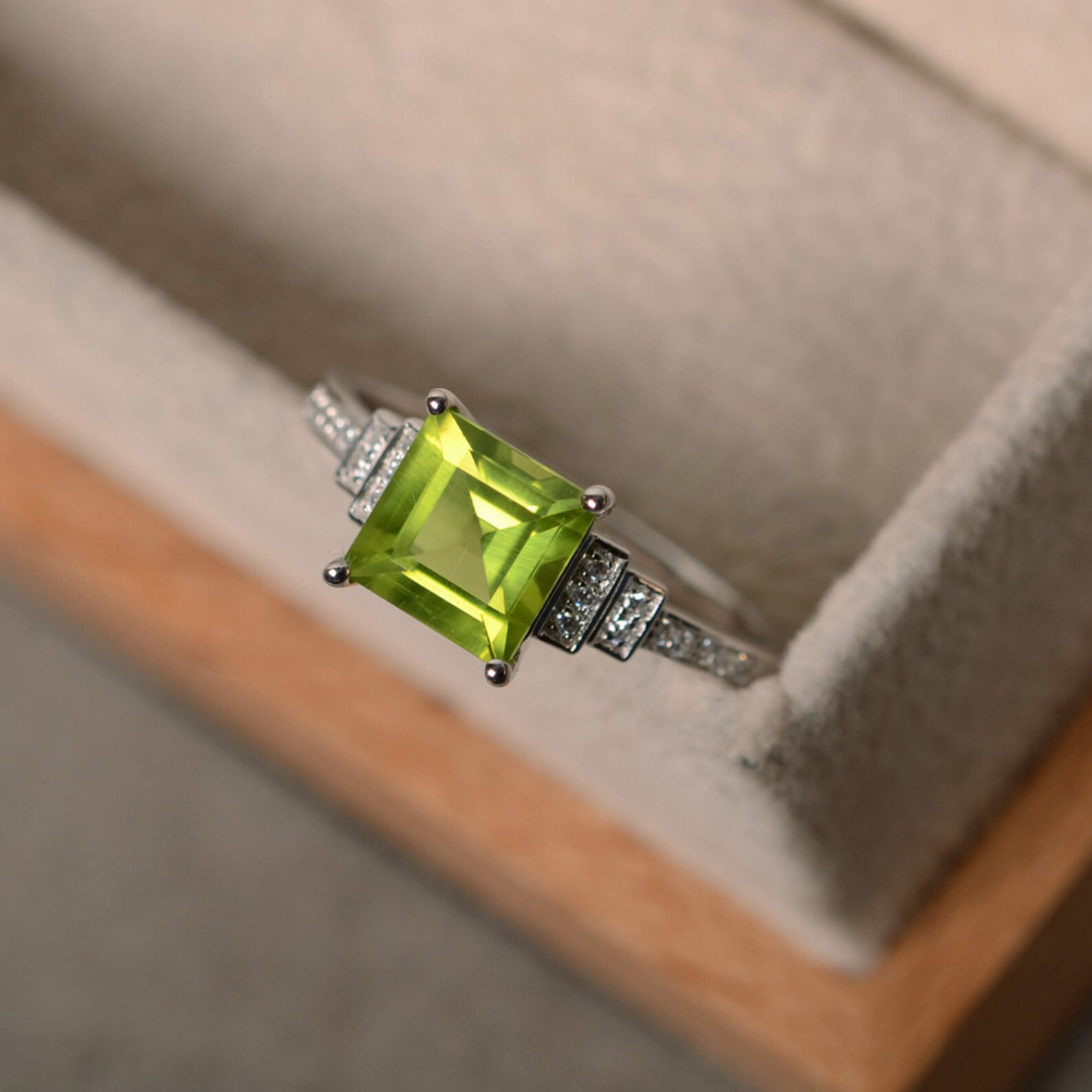 Natural Peridot Ring Square Cut Engagement Promise Ring - Etsy