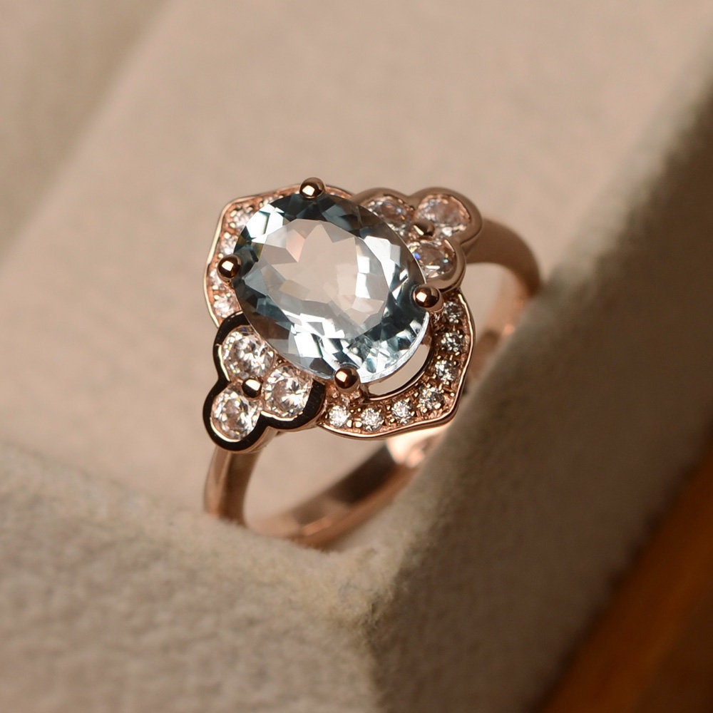 Aquamarine Ring Rose Gold Oval Cut March Birthstone Ring | Etsy