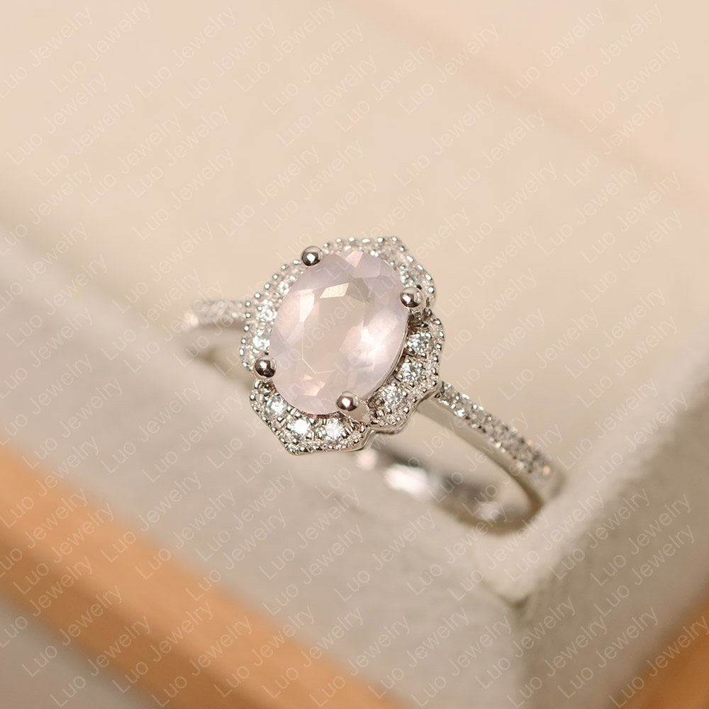 Pink Quartz Ring White Gold Halo Ring Oval Cut Wedding - Etsy
