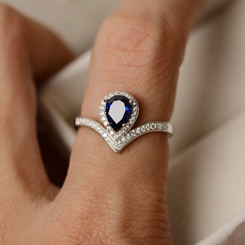 Sapphire Ring Pear Cut Sterling Silver Engagement Ring | Etsy