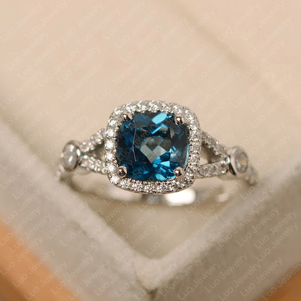 London Blue Topaz Ring Cushion Cut Blue Stone Ring Sterling | Etsy