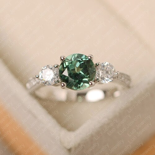 Lab Green Sapphire Ring Round Cut Green Stone Ring White - Etsy