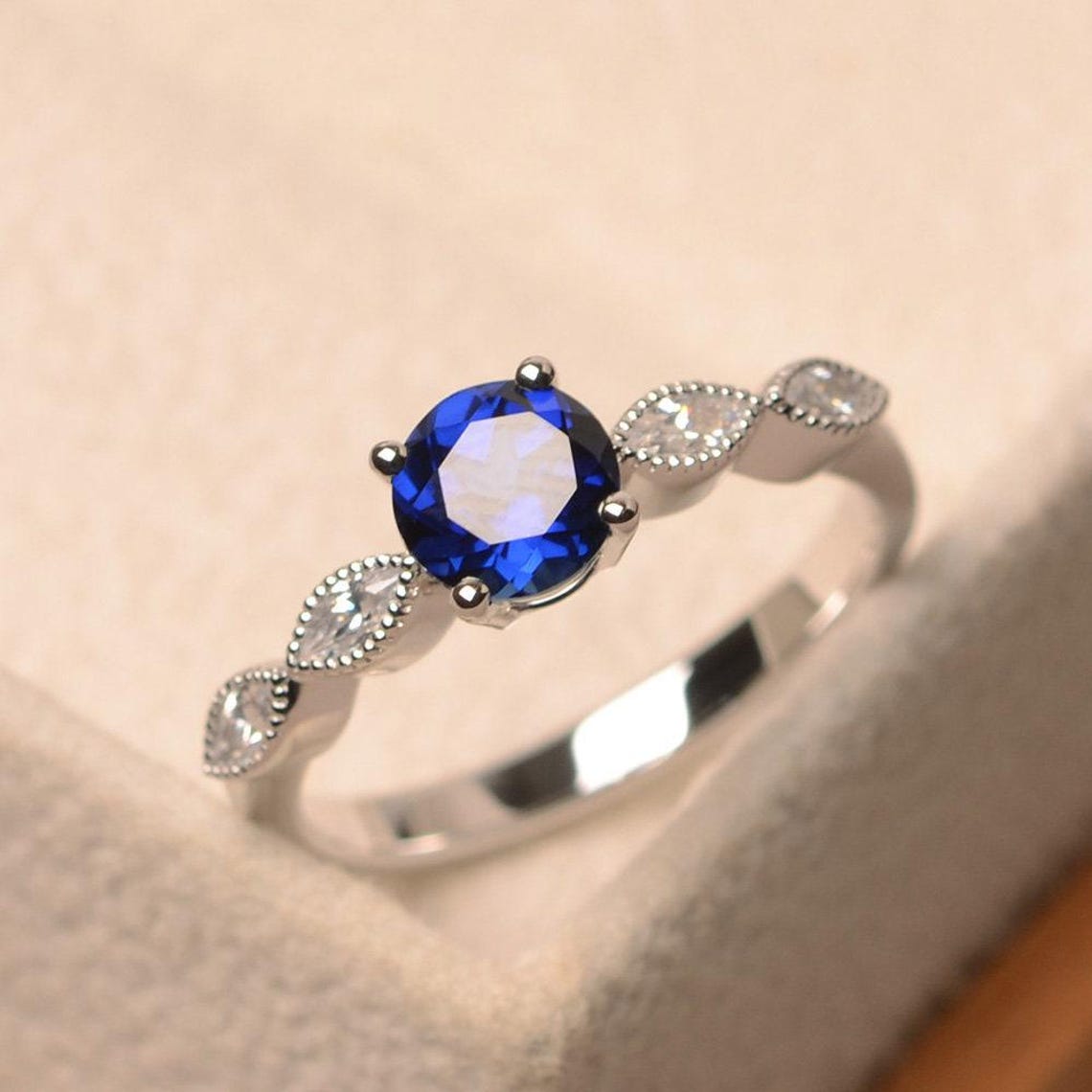 Lab Sapphire Ring, September Birthstone Ring, Round Cut Blue Gemstone ...