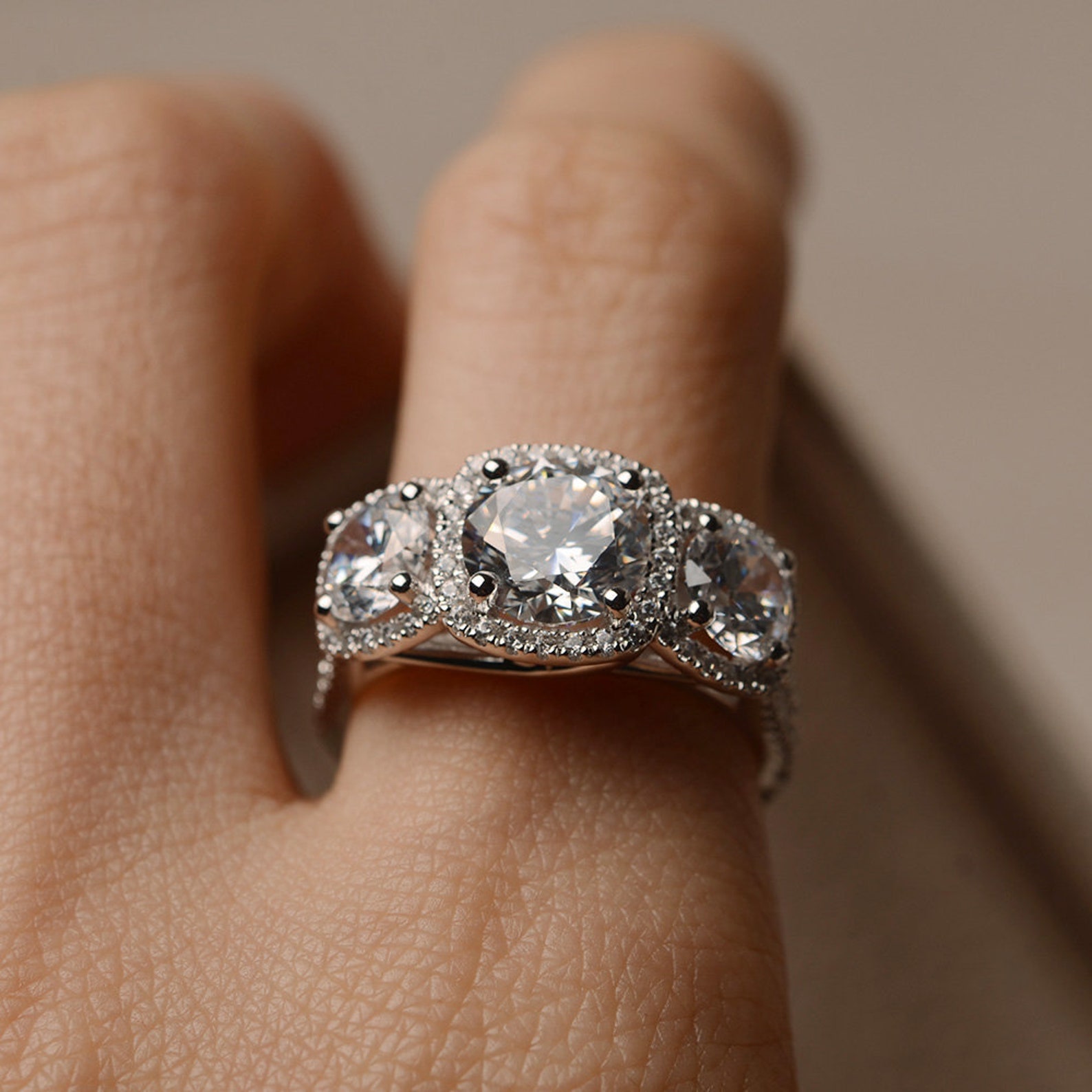 Cubic Zirconia Ring Three Stone Ring Brilliant Cut - Etsy