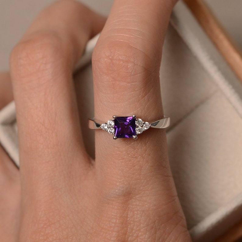 White Gold Princess Cut Ring Amethyst Engagement Ring - Etsy