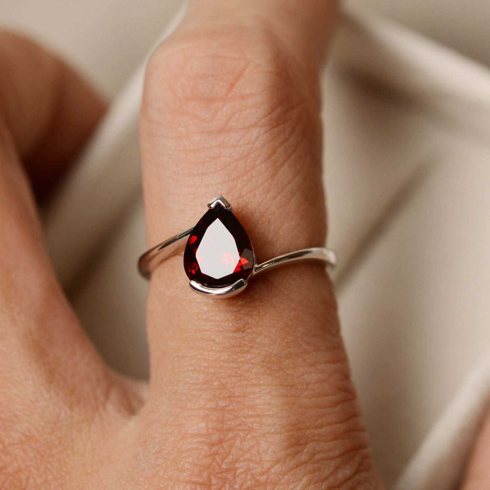 Garnet ring pear cut sterling silver solitaire ring red | Etsy