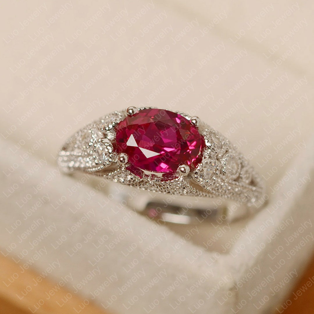 Lab Ruby Ring, Sterling Silver, Engagement Ring, Oval Cut, July ...