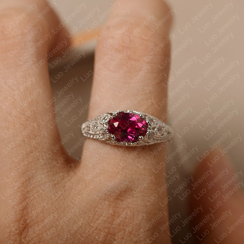 Lab Ruby Ring Sterling Silver Engagement Ring Oval Cut | Etsy