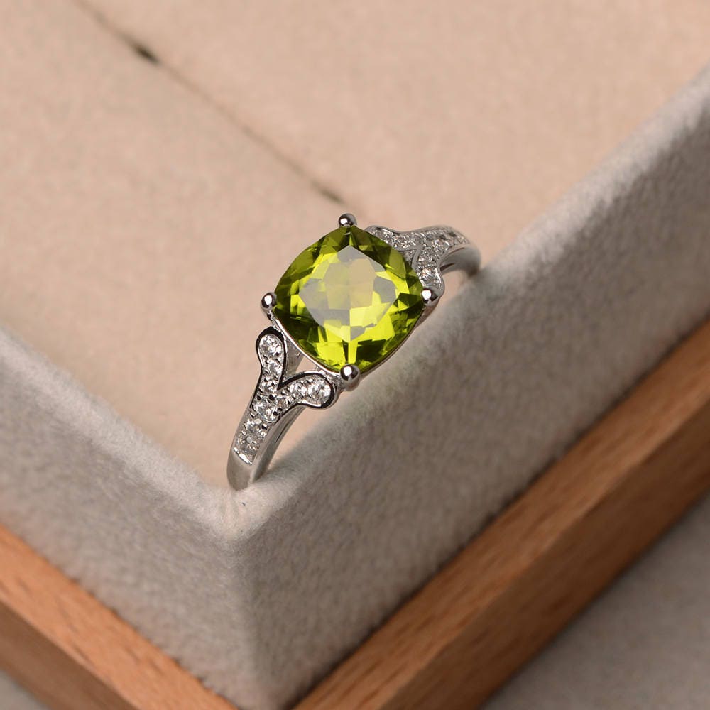 Cushion cut natural green peridot ring promise ring August | Etsy