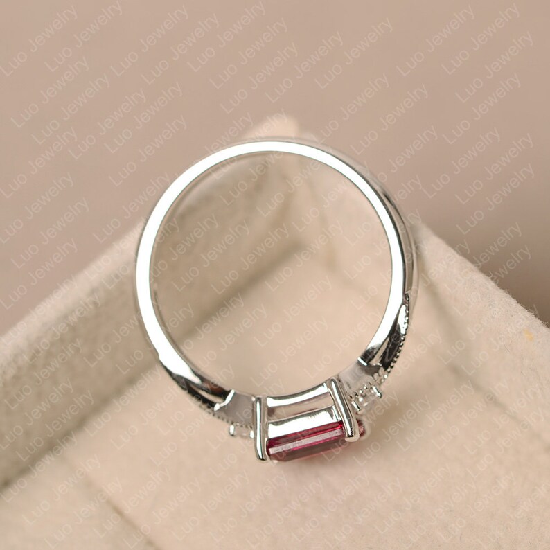 Lab Ruby Ring Emerald Cut July Birthstone Ring Sterling - Etsy