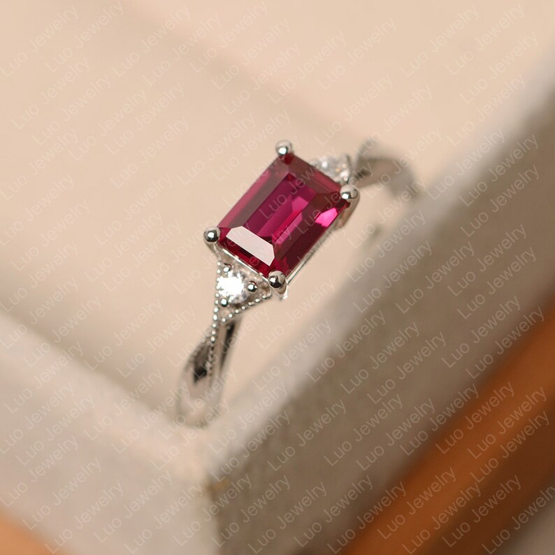 Lab Ruby Ring Emerald Cut July Birthstone Ring Sterling - Etsy