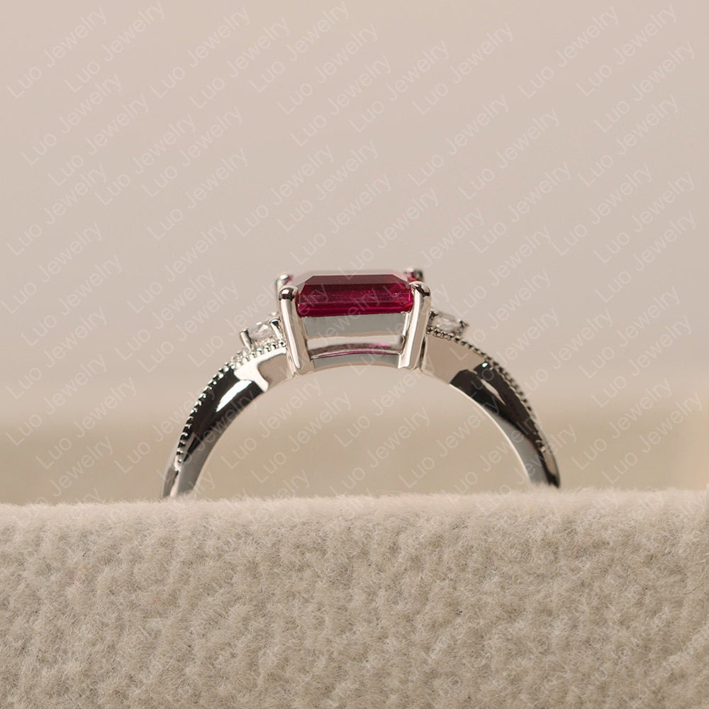 Lab ruby ring emerald cut July birthstone ring sterling | Etsy