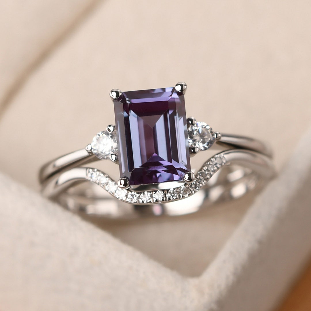 Alexandrite Ring, Sterling Silver, Emerald Cut, Engagement Ring,white ...