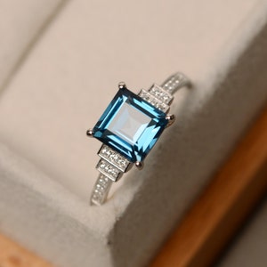 London Blue Topaz Ring, Square Cut Ring, Sterling Silver, Engagement ...