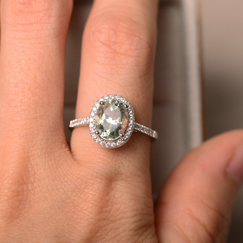 Green Amethyst Ring Halo Engagement Ring Oval Cut Sterling - Etsy