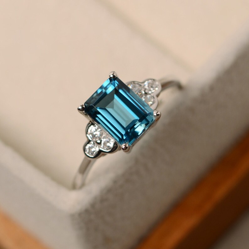 London Blue Topaz Ring Emerald Cut November Birthstone - Etsy