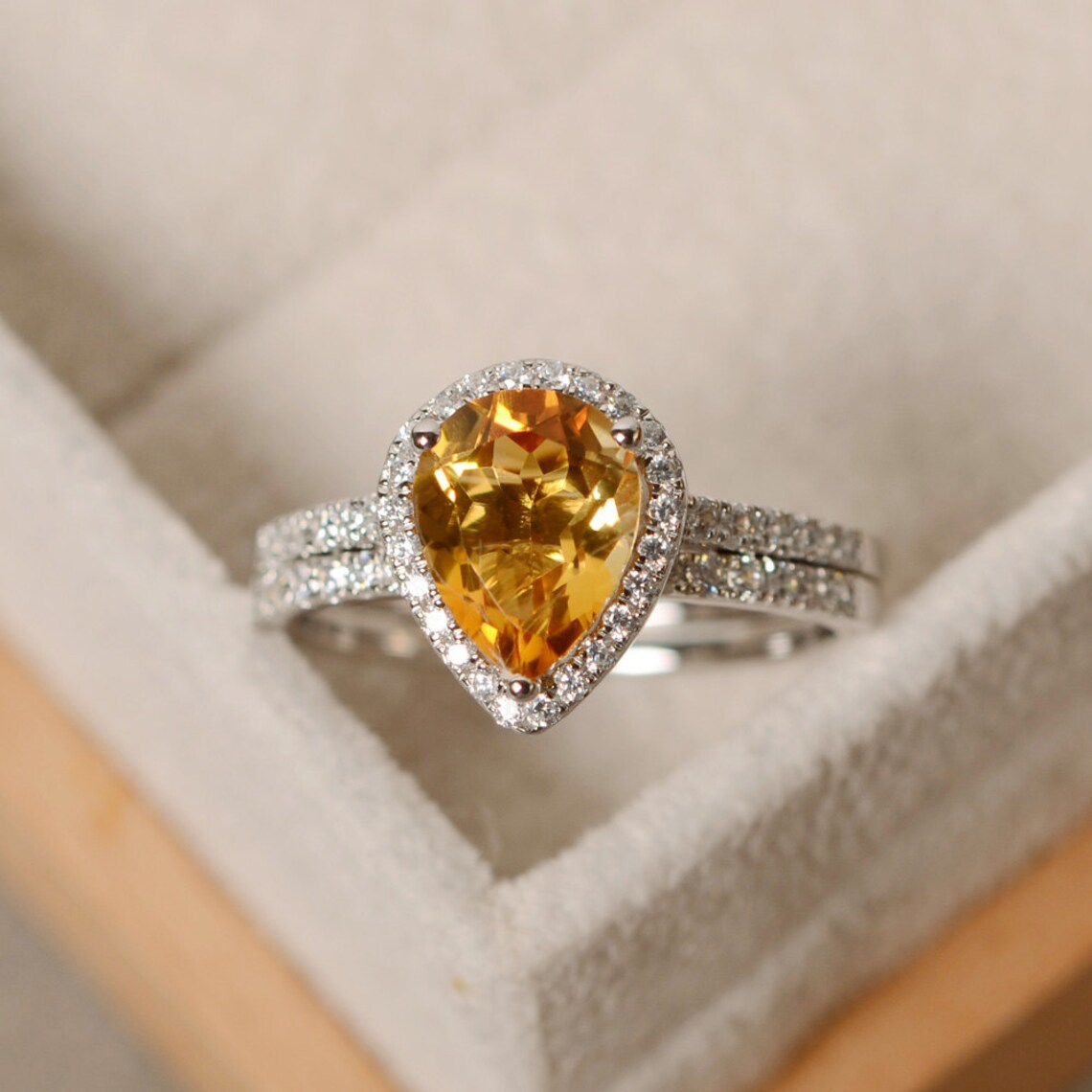 Citrine Engagement Rings Set Sterling Silver 2 Rings Bridal - Etsy