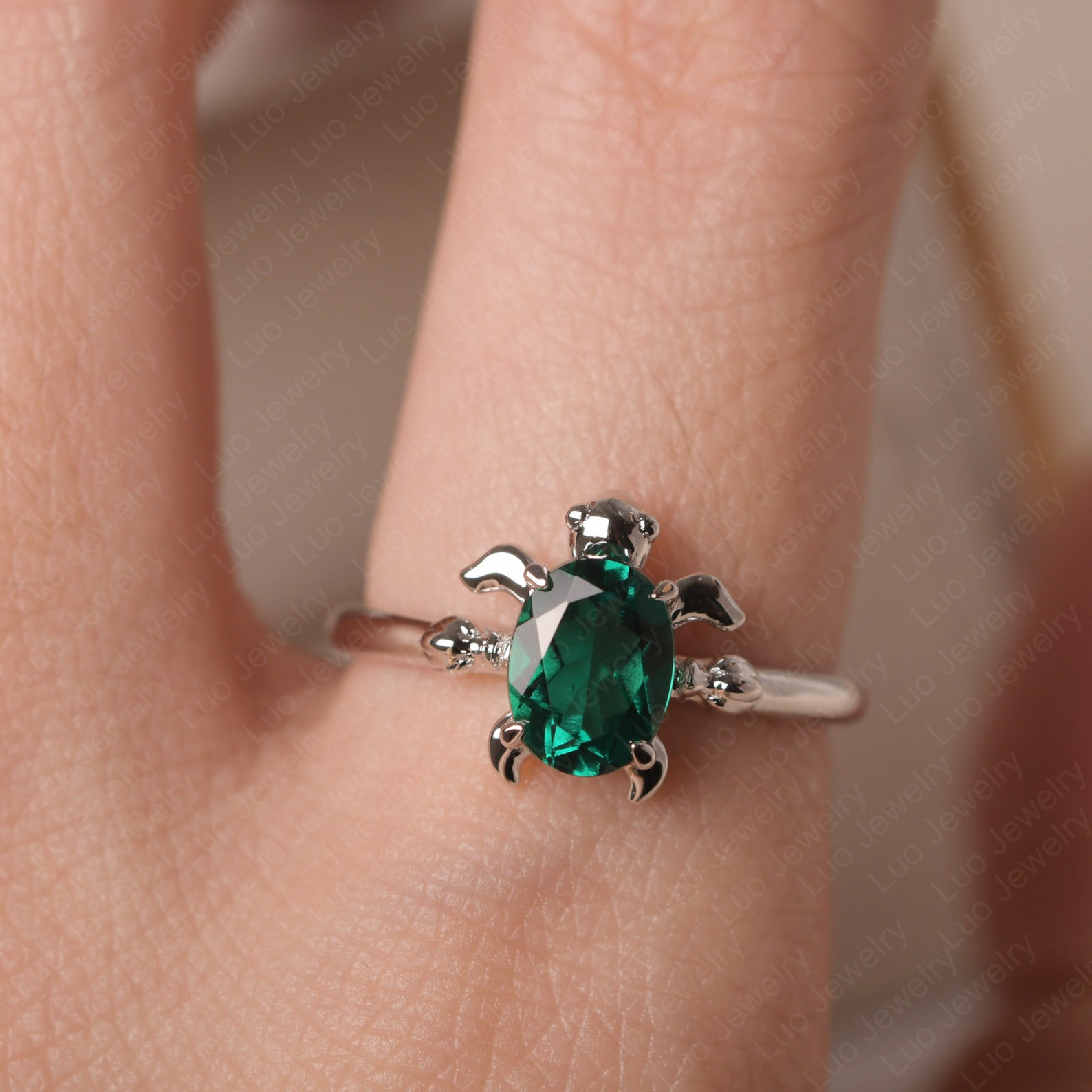 Unique Turtle Engagement Ring Oval Cut Emerald Ring Sterling | Etsy
