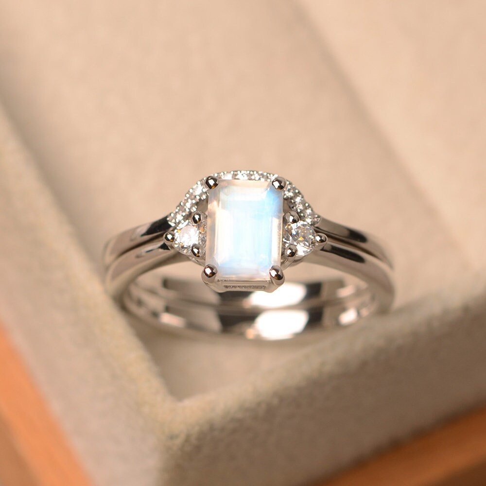 Moonstone ring sterling silver engagement ring set emerald | Etsy