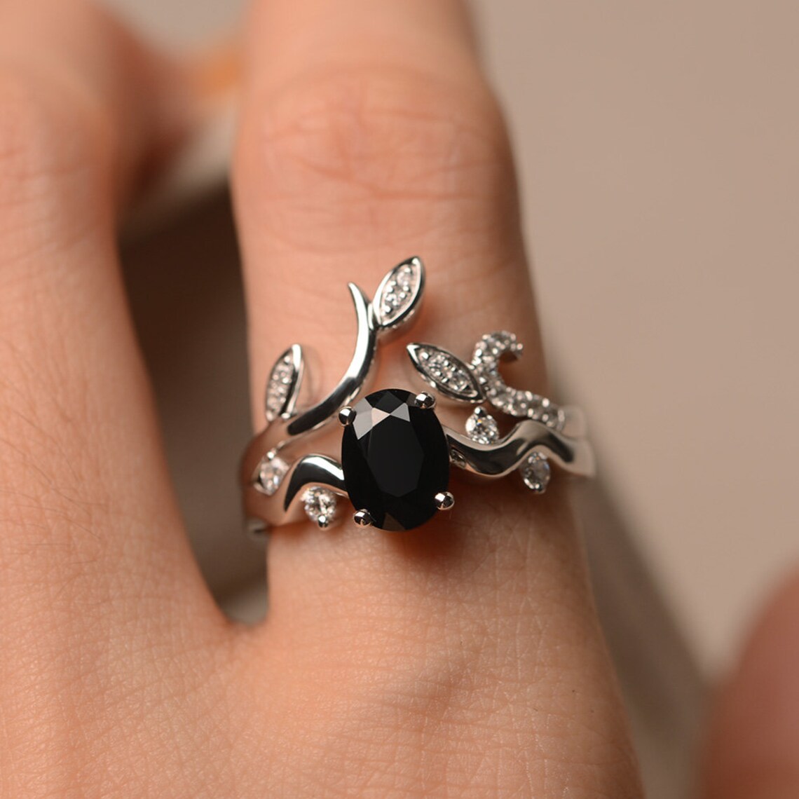 Black Spinel Ring Oval Cut Ring Set Black Engagement Ring - Etsy