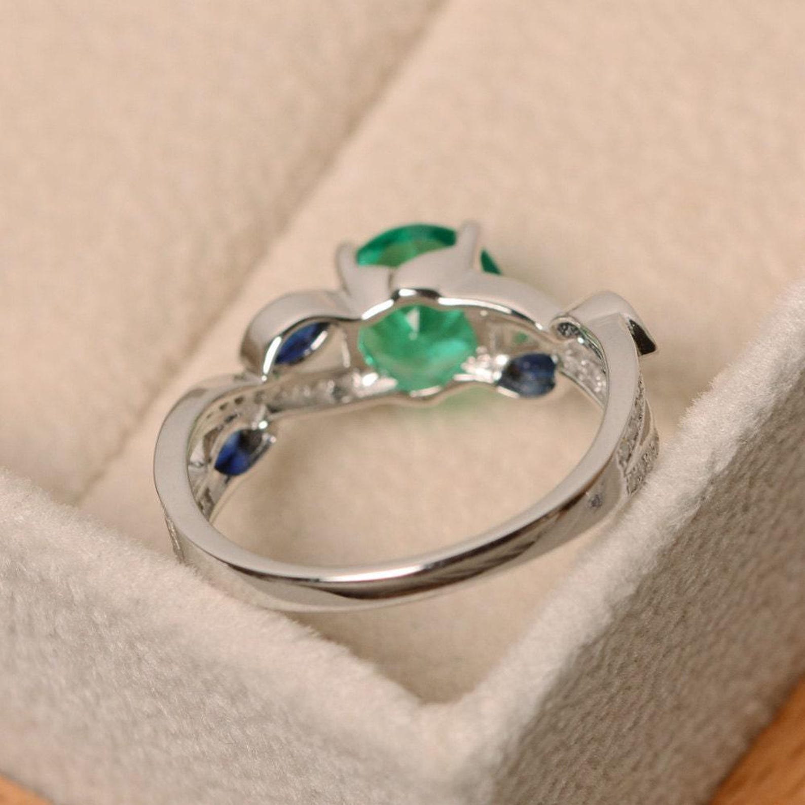 Emerald Ring, Green Emerald Ring, Multistone Ring, Leaf Ring, Sterling ...