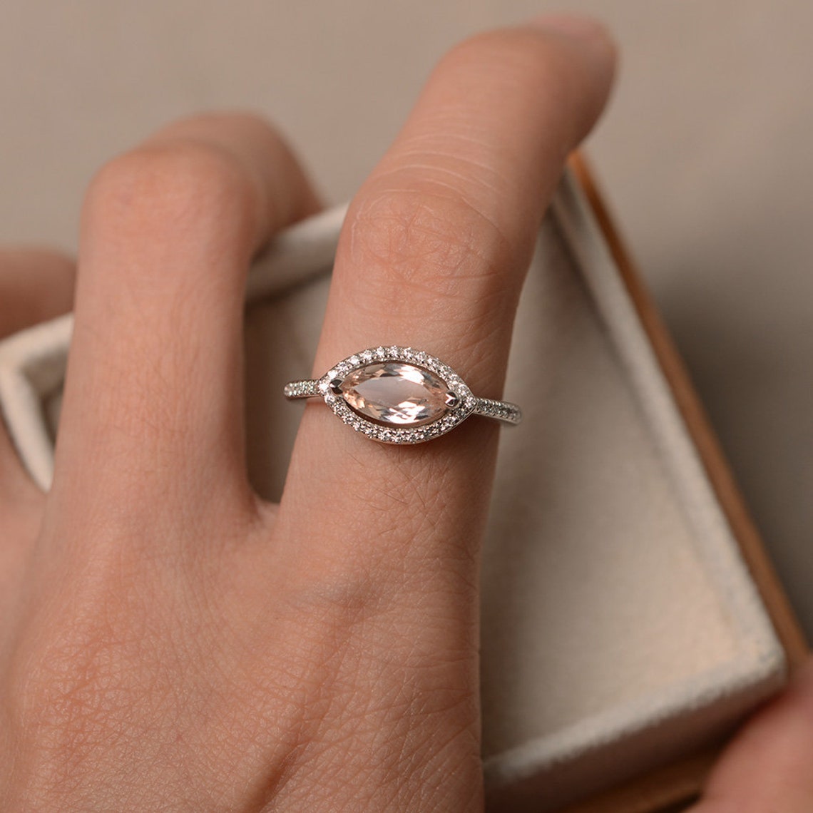 Marquise Cut Morganite Ring Sterling Silver Engagement Ring - Etsy