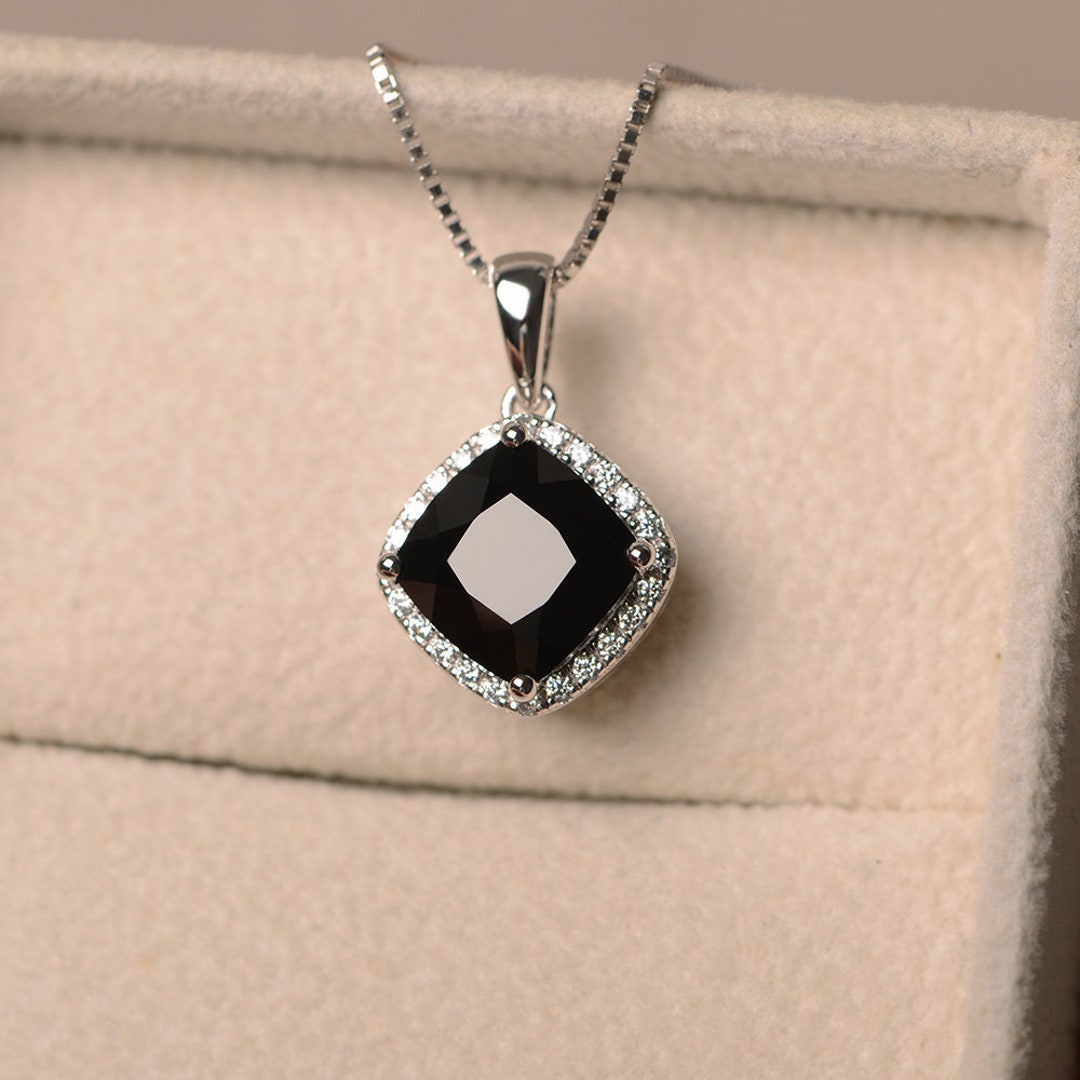 Black Spinel Pendent, Black Spinel Necklace, Cushion Cut, Sterling ...