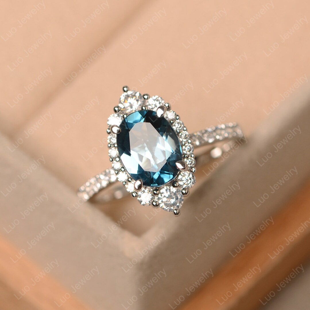 Halo Engagement Ring, Genuine London Blue Topaz Ring, Oval Cut, Blue ...