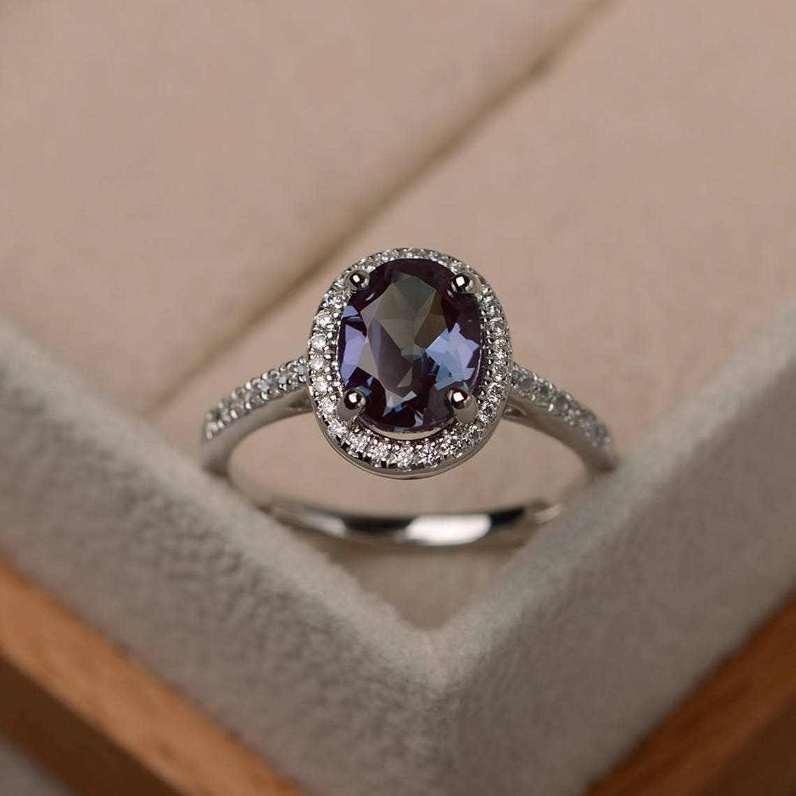Lab Alexandrite Engagement Ring, Oval Cut Halo Ring, Sterling Silver ...