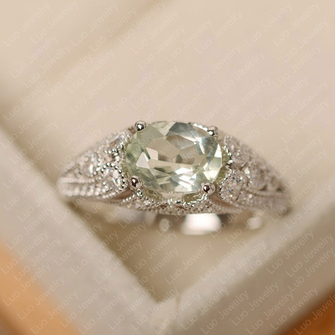 Green Amethyst Ring, Sterling Silver, Engagement Ring, Oval Cut ...
