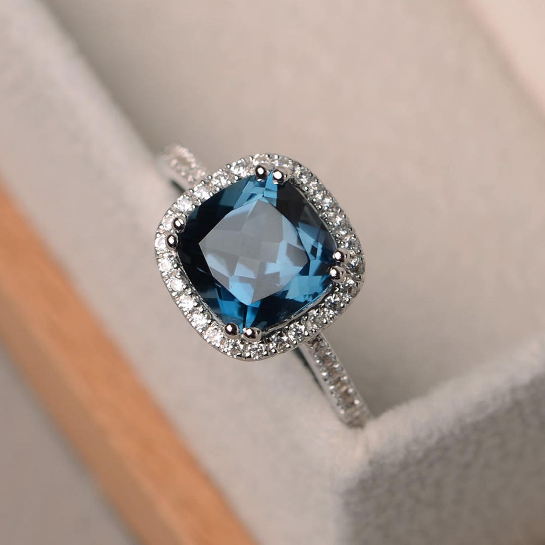 London Blue Topaz Wedding Ring, Cushion Cut Blue Gemstone Halo Ring ...