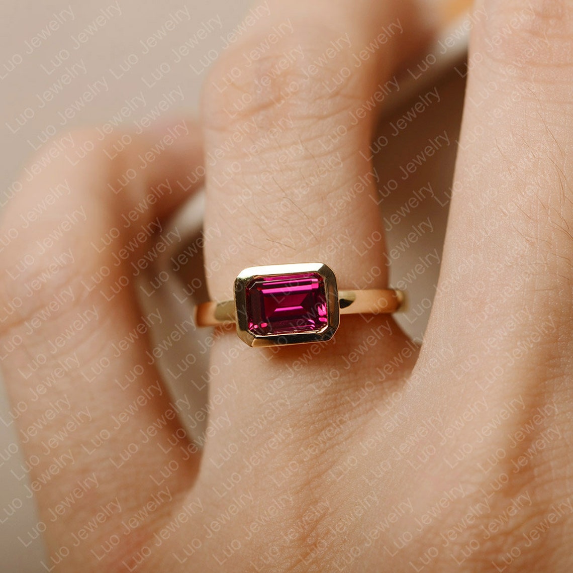 Lab Ruby Ring Emerald Cut July Birthstone Solitaire Ring - Etsy