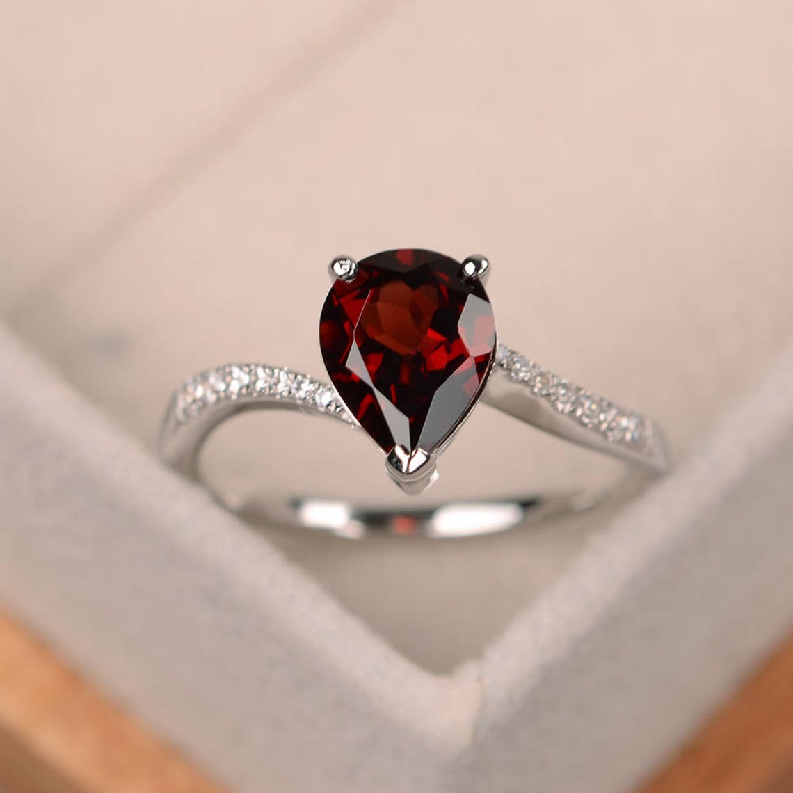 Pear Cut Garnet Ring Engagement Ring Silver Red Gemstone - Etsy