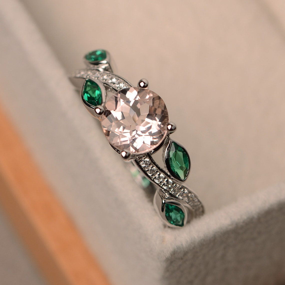 Morganite Ring Round Cut Morganite Leaf Ring Engagement - Etsy