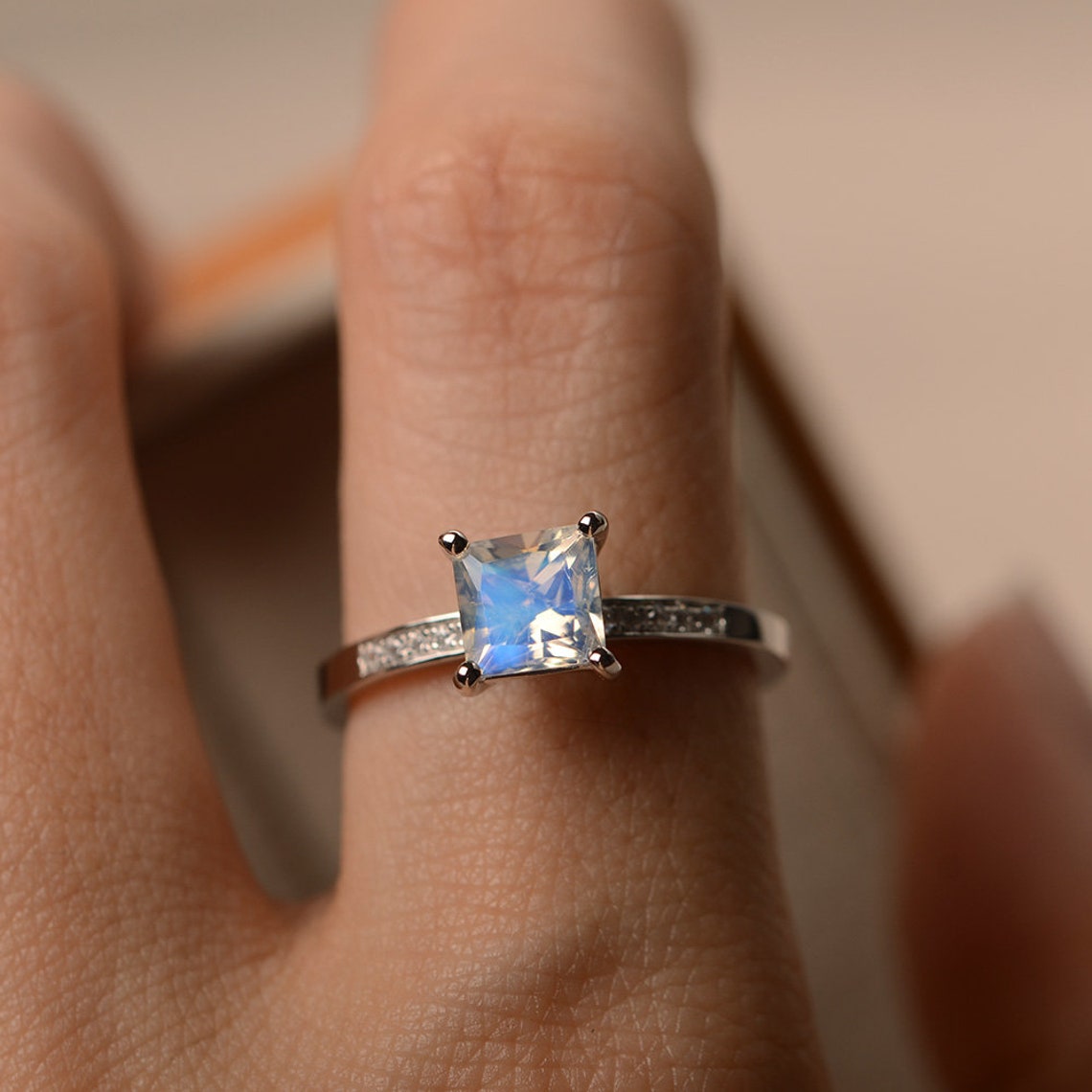 Princess Cut Moonstone Ring Faceted Moonstone Ring June - Etsy