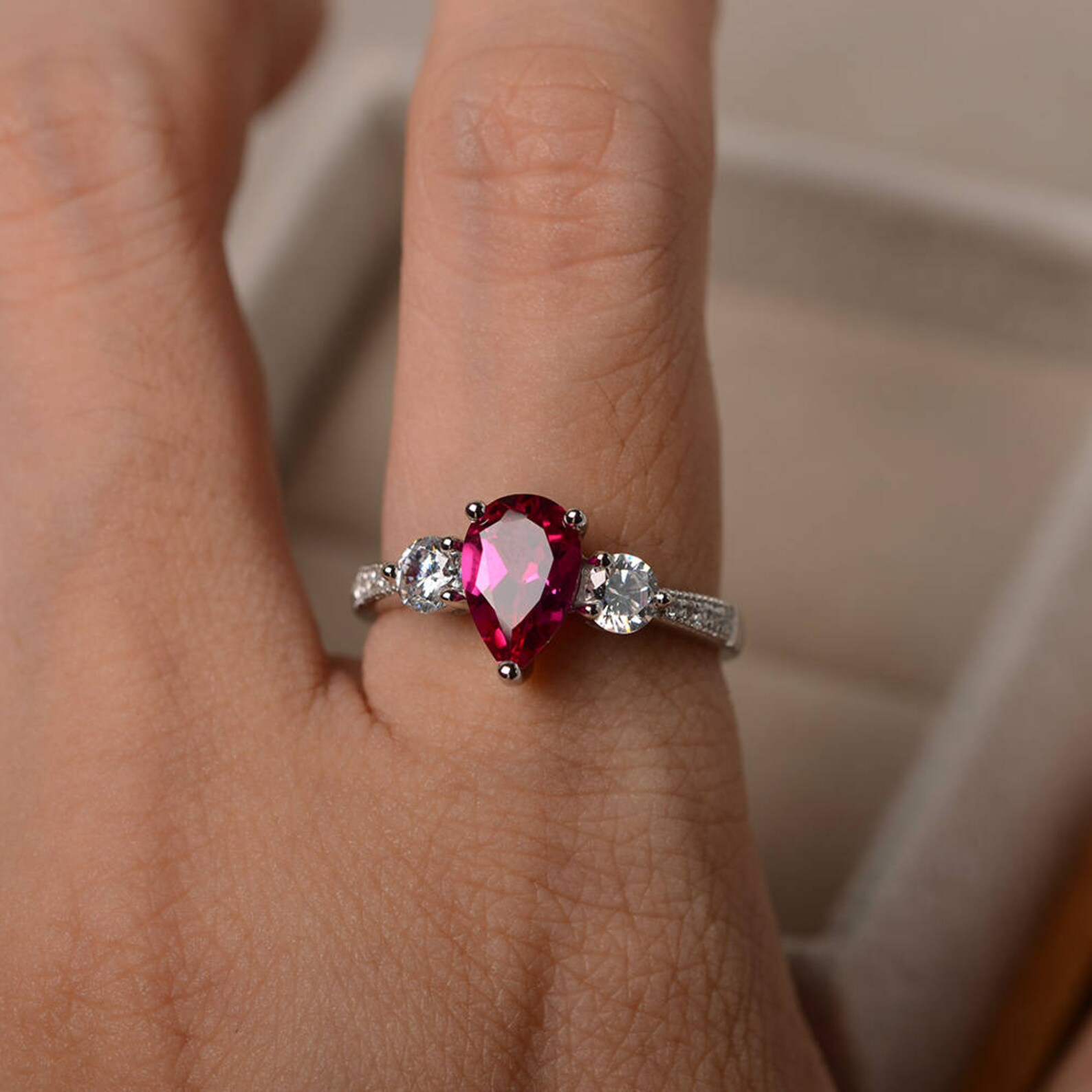July Birthstone Ring Lab Red Ruby Ring Engagement Ring Pear - Etsy