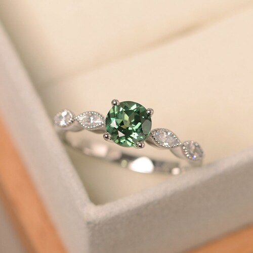 Lab Green Sapphire Ring Sterling Silver Engagement Ring - Etsy