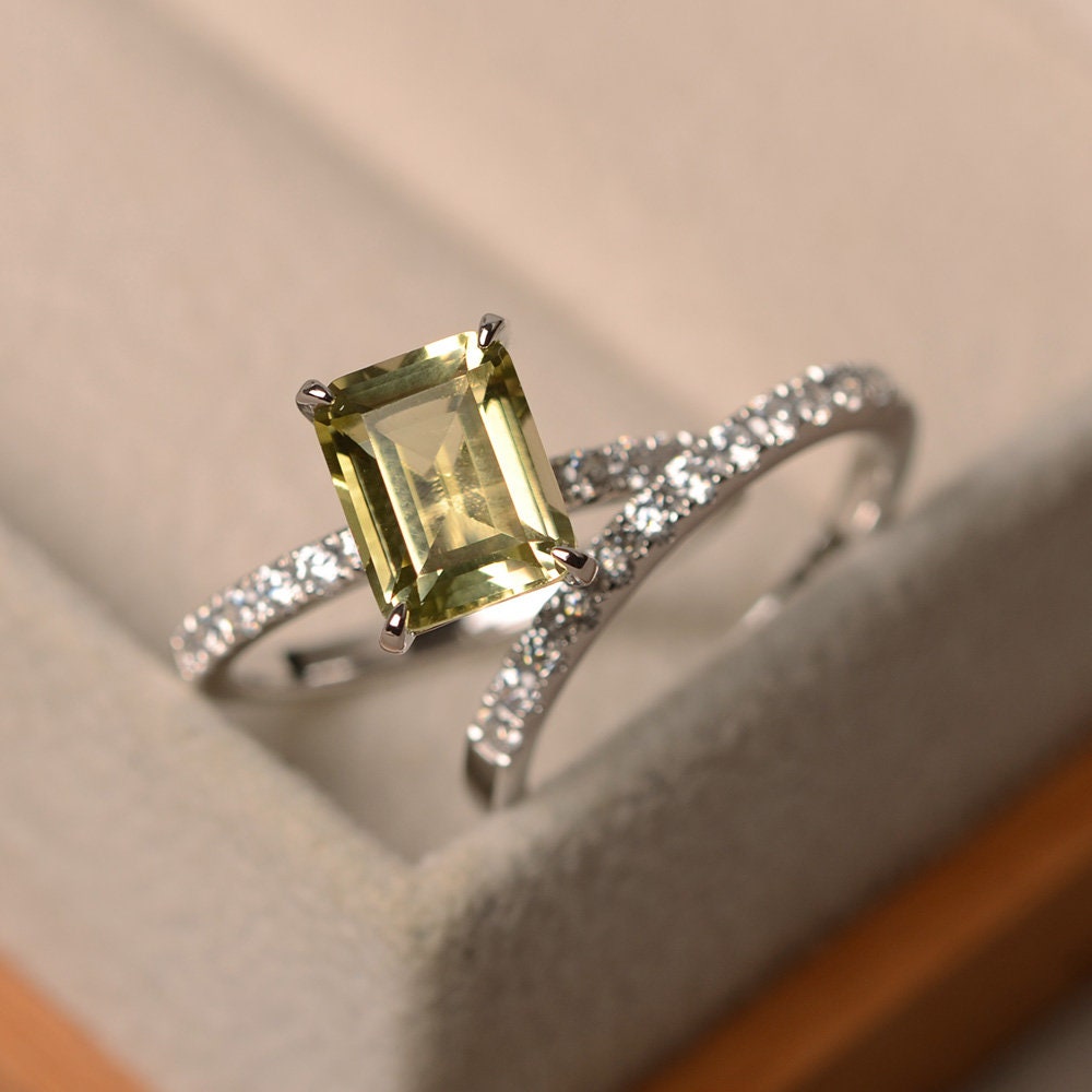 Lemon quartz ring sterling silver ring emerald cut yellow | Etsy