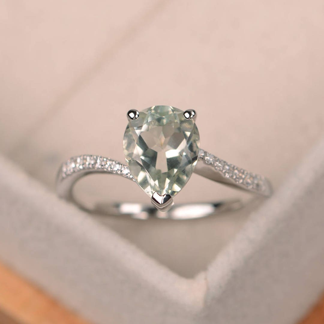 Natural Green Amethyst Ring, Silver Ring, Pear Cut Engagement Ring ...