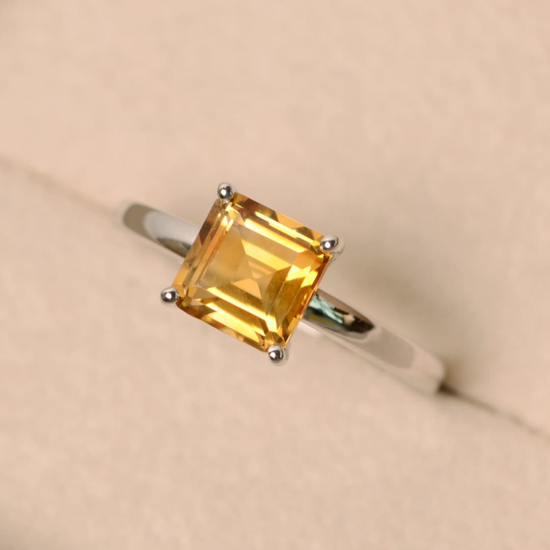 Citrine Solitaire Ring, Square Cut, Sterling Silver, Yellow Gemstone ...