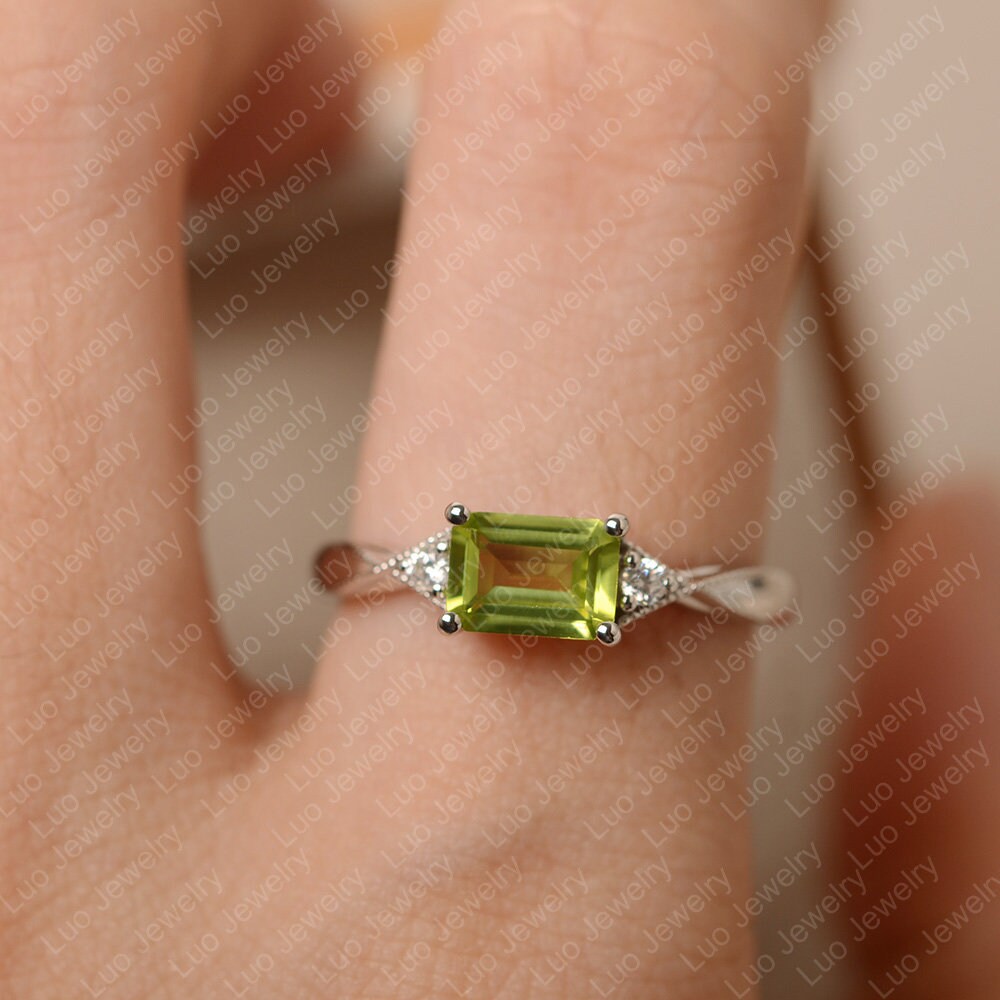 Green Peridot Ring Emerald Cut Sterling Silver Engagement - Etsy
