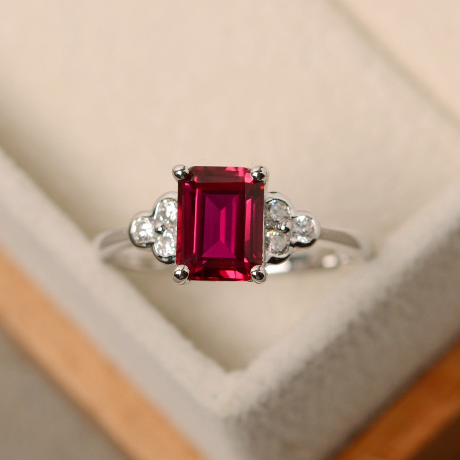 Lab Ruby Ring Rectangle Ring July Birthstone Ring Red Ruby - Etsy