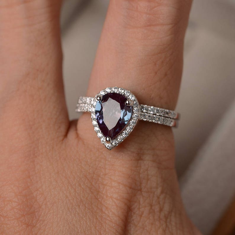 Alexandrite wedding rings set solid silver tear drop shpaed | Etsy